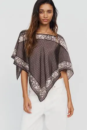 Anthropologie Printed Scarf Poncho Top - Chocolate