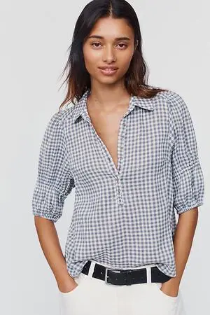 PILCRO Tallulah Puff Sleeve Buttondown Top - Grey Plaid