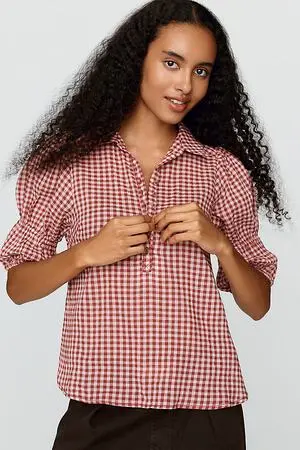 PILCRO Tallulah Puff Sleeve Buttondown Top - Red Plaid