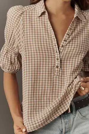 PILCRO Tallulah Puff Sleeve Buttondown Top - Tan