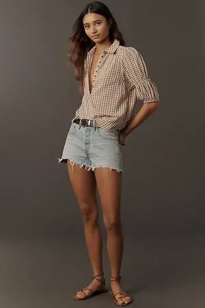 PILCRO Tallulah Puff Sleeve Buttondown Top - Tan