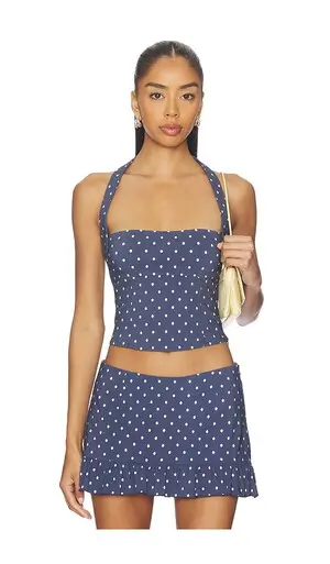 TIGER MIST Halter Tie Bustier Top With Button Closure - Navy