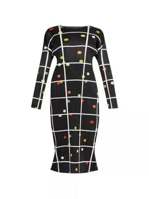 Issey Miyake Pleated Grid Print Dress - Black