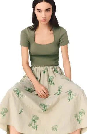 Maje Embroidered Technical Midi Skirt - Beige
