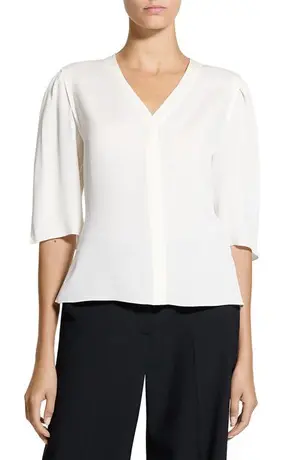 Theory Silk Round Sleeve Button-up Top - Ivory
