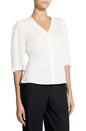Theory Silk Round Sleeve Button-up Top - Ivory