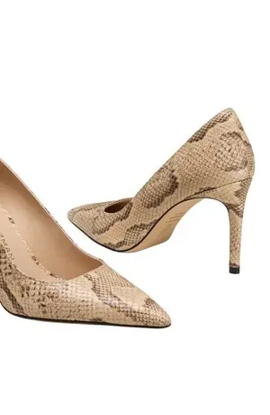 STUART WEITZMAN Power 85 Snakeskin Embossed Pointed Toe Pump - Adobe