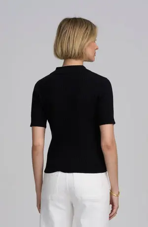 ELLE COLLECTION Fine Gauge Ribbed Henley Top - Black