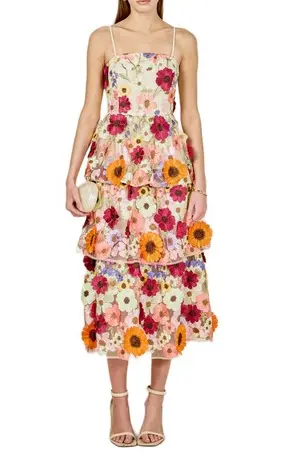 Endless Rose Embroidered Floral Tiered Dress - Beige