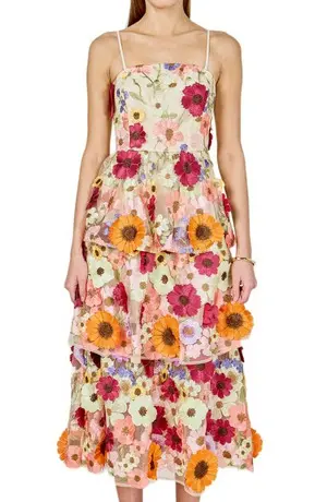 Endless Rose Embroidered Floral Tiered Dress - Beige