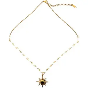 GEMINI JEWELRY Sun Pendant Faux Pearl Station Necklace - Yellow