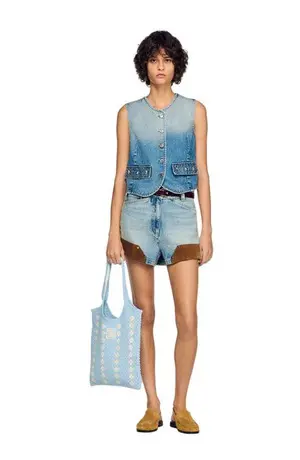 Sandro Studded Cropped Denim Vest