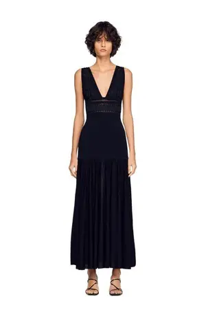 Sandro Flared Knit Maxi Dress With Ruffled Skirt