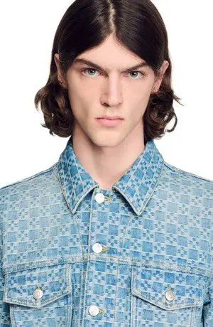 Sandro Square Cross Jacquard Denim Jacket - Sky Blue