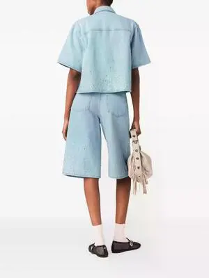 Maje Cropped Rhinestone Denim Shirt - Blue