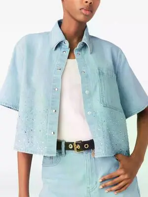 Maje Cropped Rhinestone Denim Shirt - Blue