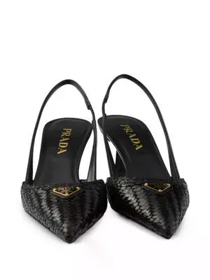 Prada Woven Leather Slingback Pumps With Geometric Heel