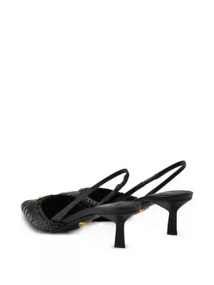 Prada Woven Leather Slingback Pumps With Enameled Logo - Black