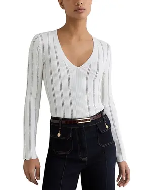 REISS V-neck Ribbed Knit Jumper With Scallop Edge - White
