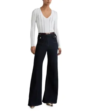 REISS V-neck Ribbed Knit Jumper With Scallop Edge - White