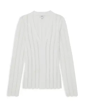 REISS V-neck Ribbed Knit Jumper With Scallop Edge - White