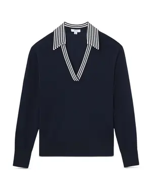 REISS Merino Wool V-neck Jumper - Navy/white
