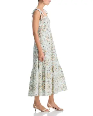 Aqua Tile Print Midi Dress With Tie Straps