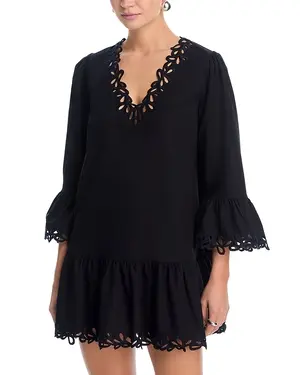 Aqua Eyelet V-neck Mini Shirt Dress