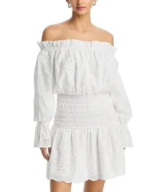 Aqua Embroidered Smocked Mini Dress - White