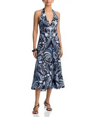 Aqua Pineapple Palm Poplin Halter Midi Dress - Navy Multi