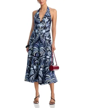 Aqua Pineapple Palm Poplin Halter Midi Dress
