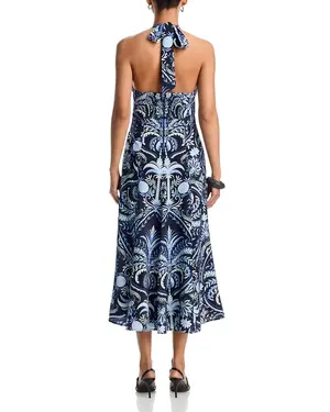 Aqua Pineapple Palm Poplin Halter Midi Dress