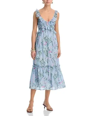 Aqua Floral Ruffle V-neck Midi Dress - Sky Blue Multi