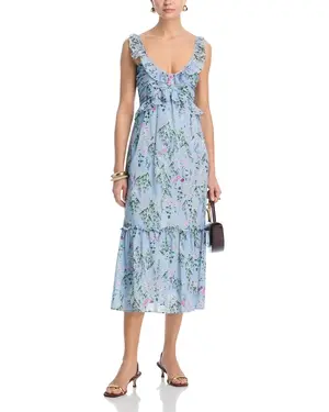 Aqua Floral Ruffle V-neck Midi Dress