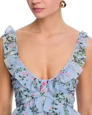 Aqua Floral Ruffle V-neck Midi Dress