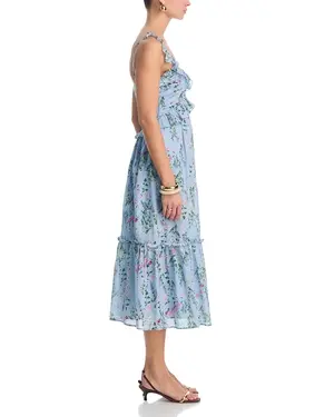 Aqua Floral Ruffle V-neck Midi Dress