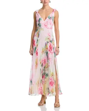 Aqua Placed Floral Pleated Maxi Dress - Pink Multi