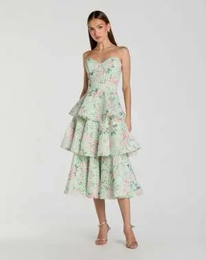 Mac Duggal Floral Print Tiered Midi Dress - Mint Multi