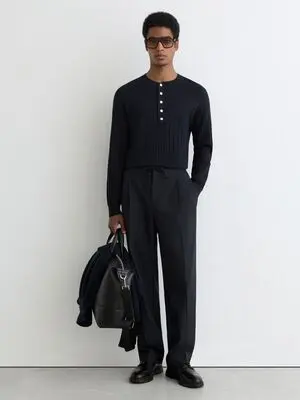REISS Andres Wide-rib Knit Henley Jumper - Navy
