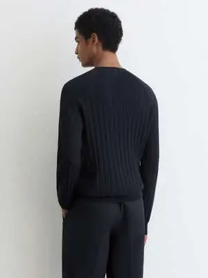 REISS Andres Wide-rib Knit Henley Jumper - Navy