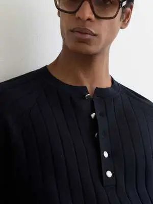 REISS Andres Wide-rib Knit Henley Jumper - Navy