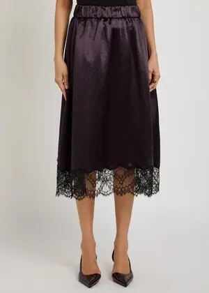 Maria Mcmanus Lace-trim Satin Midi Skirt - Plum