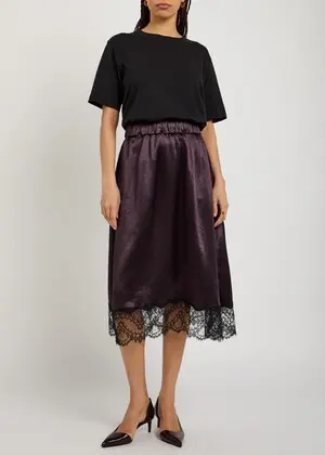 Maria Mcmanus Lace-trim Satin Midi Skirt - Plum