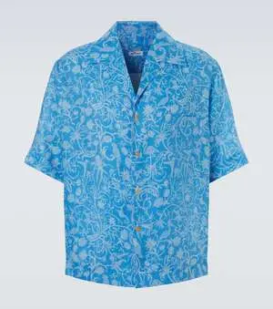 Kiton Printed Linen Bowling Shirt - Blue