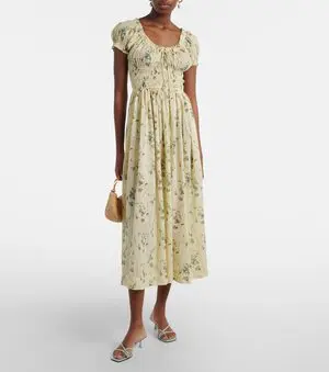 DÔEN Ashlynn Gathered Floral Cotton Midi Dress - Multicoloured