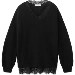 Mango Lace Trim Ribbed V-neck Sweater