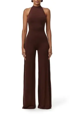 Naked Wardrobe Halter Wide Leg Jumpsuit - Chocolate