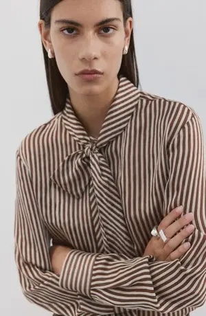 Mango Striped Tie Neck Top