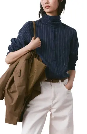 Mango Striped Tie Neck Top - Navy