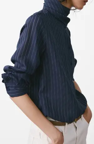 Mango Striped Tie Neck Top - Navy